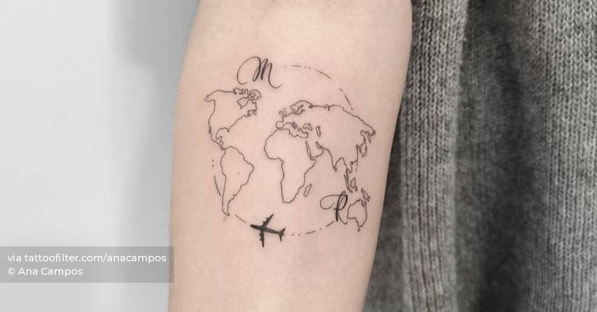 Fine line around the world tattoo on the inner forearm.