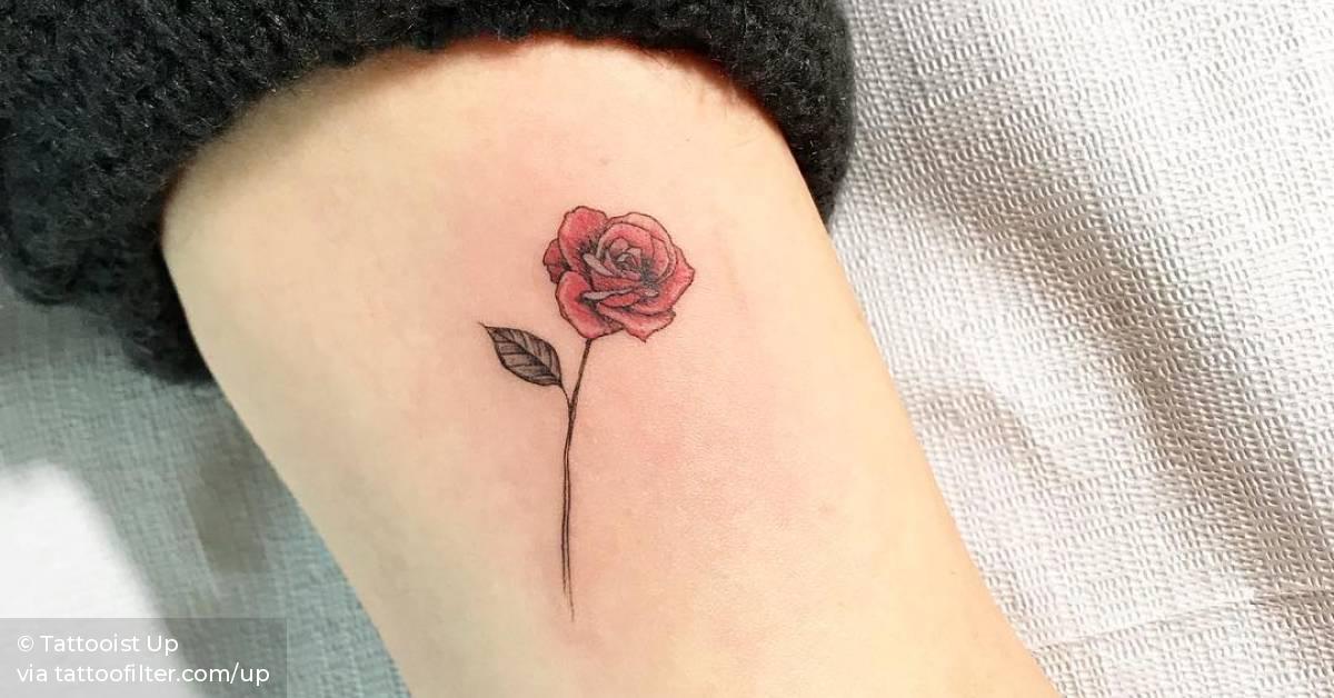 Red rose tattoo on the left inner arm.