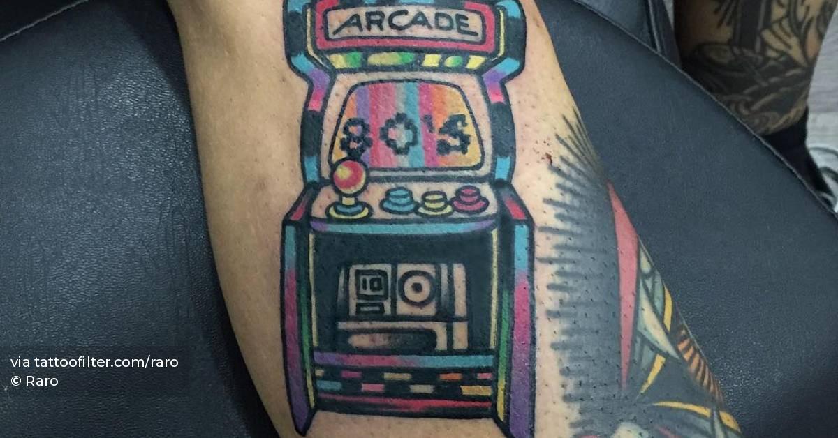 Arcade cabinet tattoo on the calf.