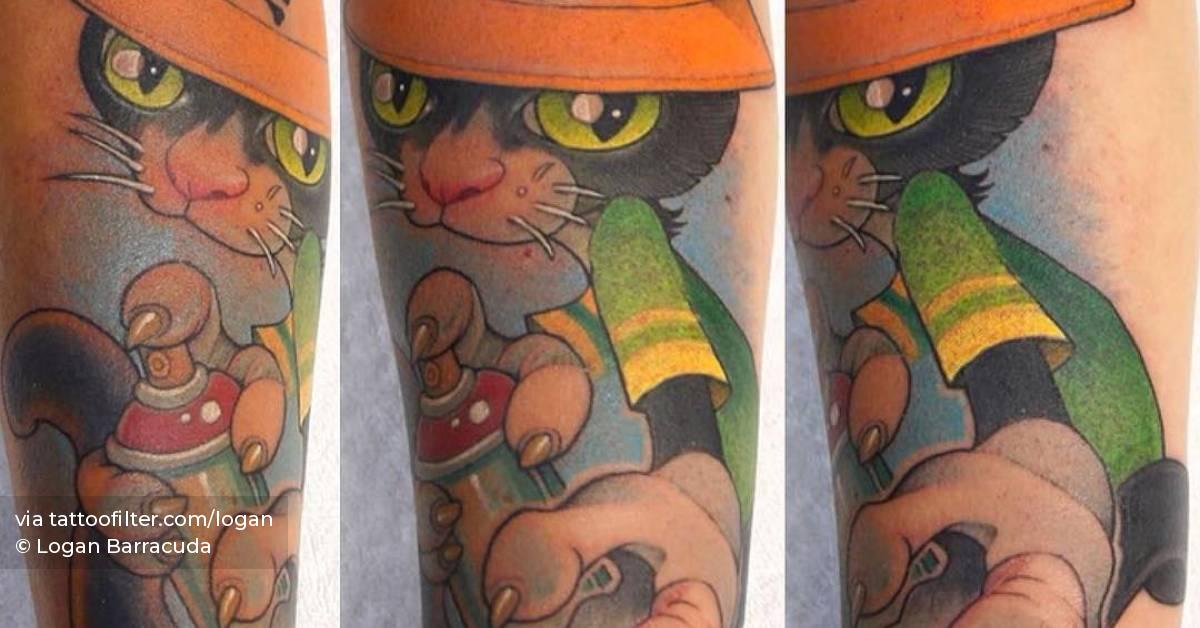 New School cat tattoo on the inner forearm.