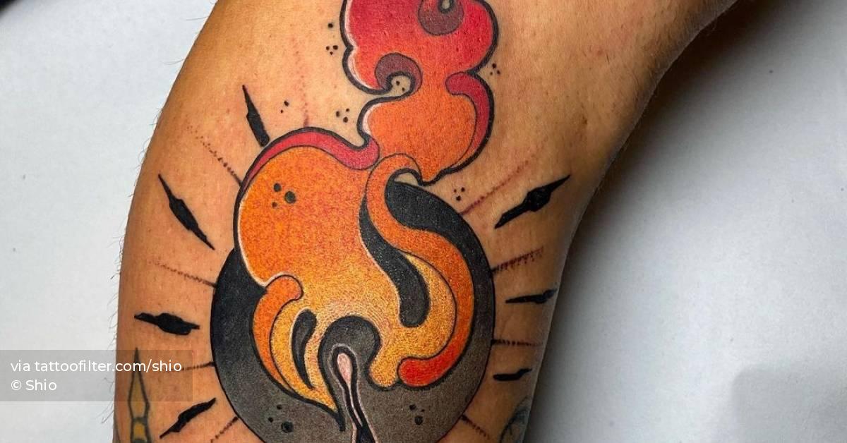 Neotraditional matchstick tattoo on the calf.