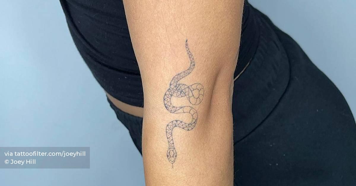 Fine line snake tattoo on the elbow (healed).