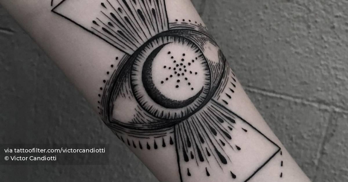 Blackwork ornamental eye tattoo on the inner forearm.