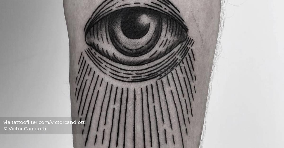 Blackwork eye tattoo on the inner forearm.
