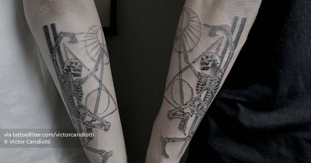 Blackwork matching dancing skeleton tattoo on the