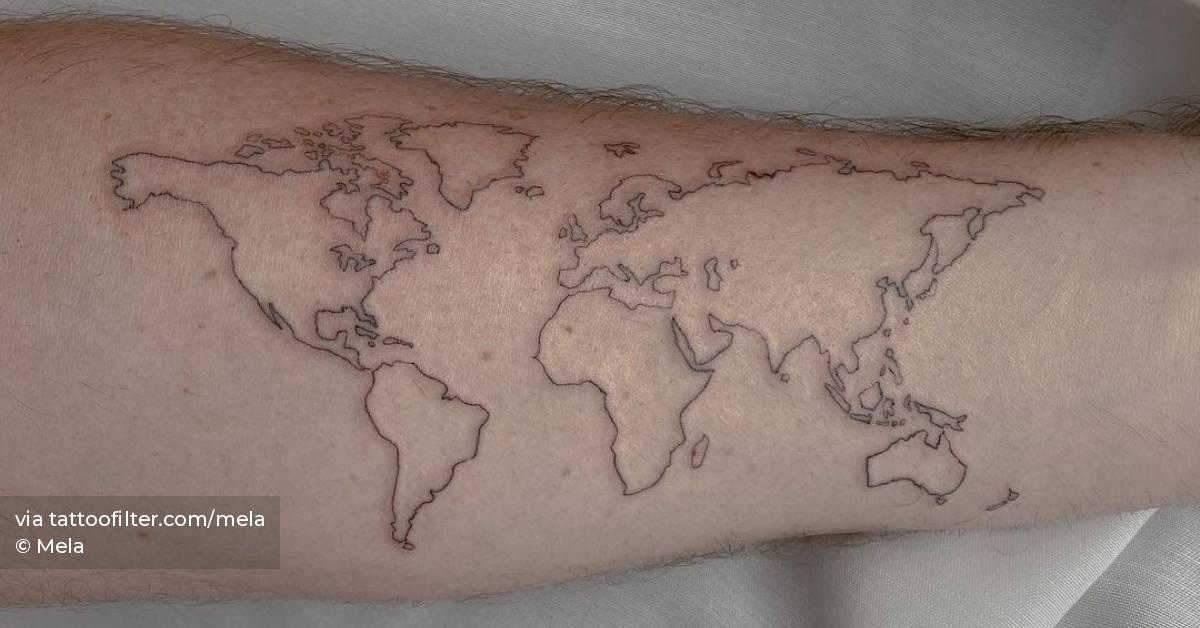 Fine line world map tattoo on the inner forearm.