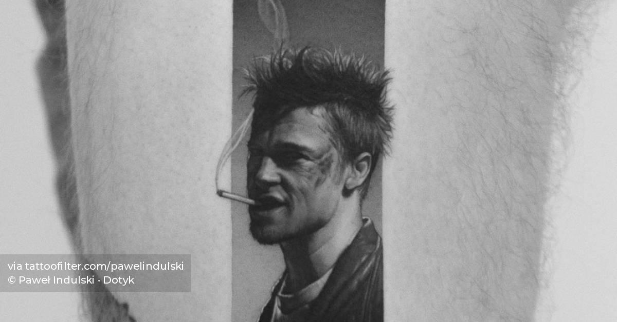 Micro-realistic Tyler Durden tattoo on the thigh.
