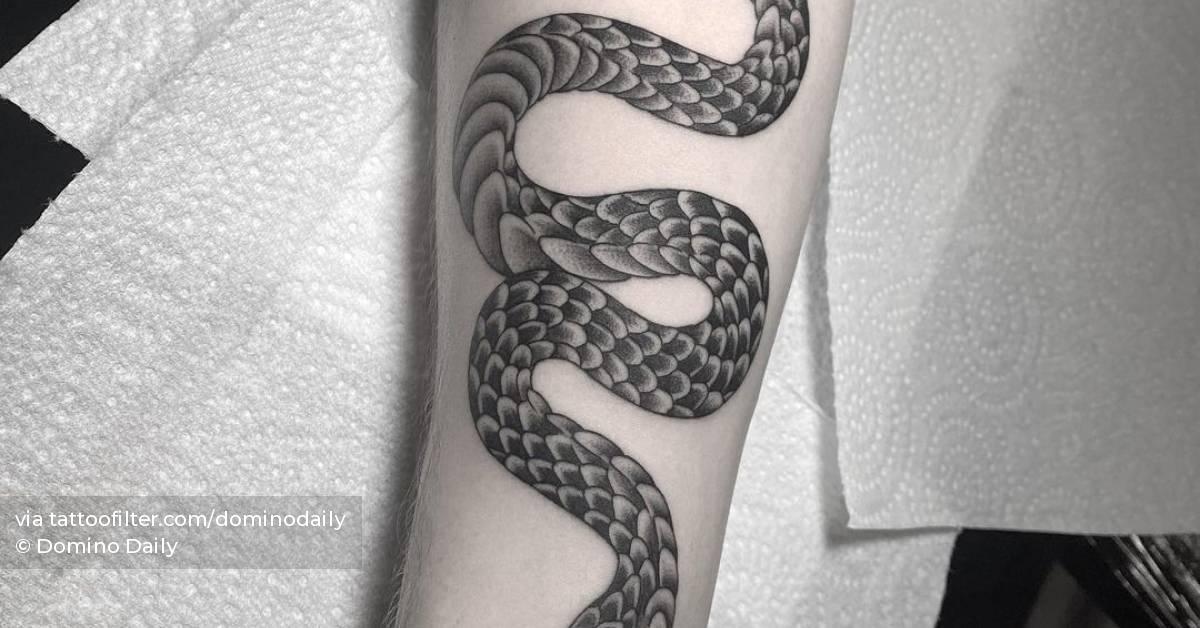 Traditional style snake tattoo on the inner forearm.