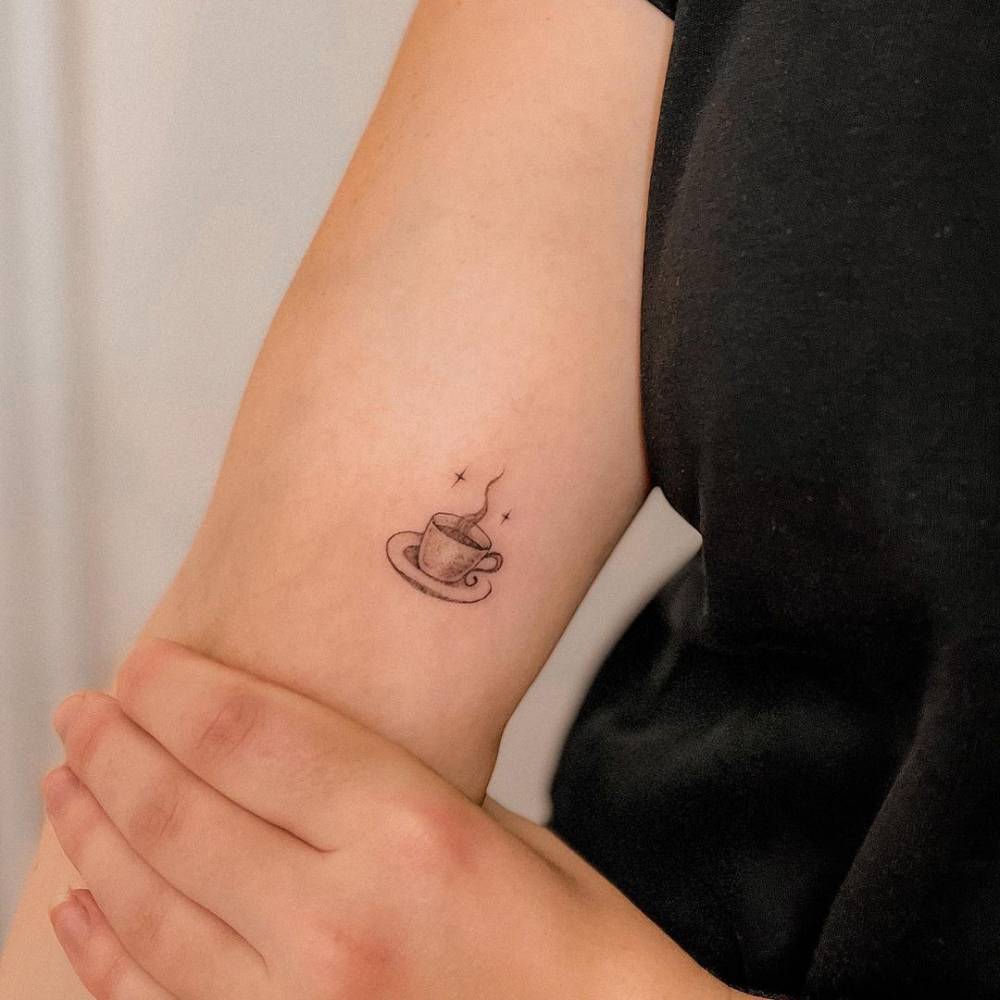 Fine Line Coffee Cup Tattoo On The Inner Arm Fine Line Coffee Cup Tattoo On The Inner Arm