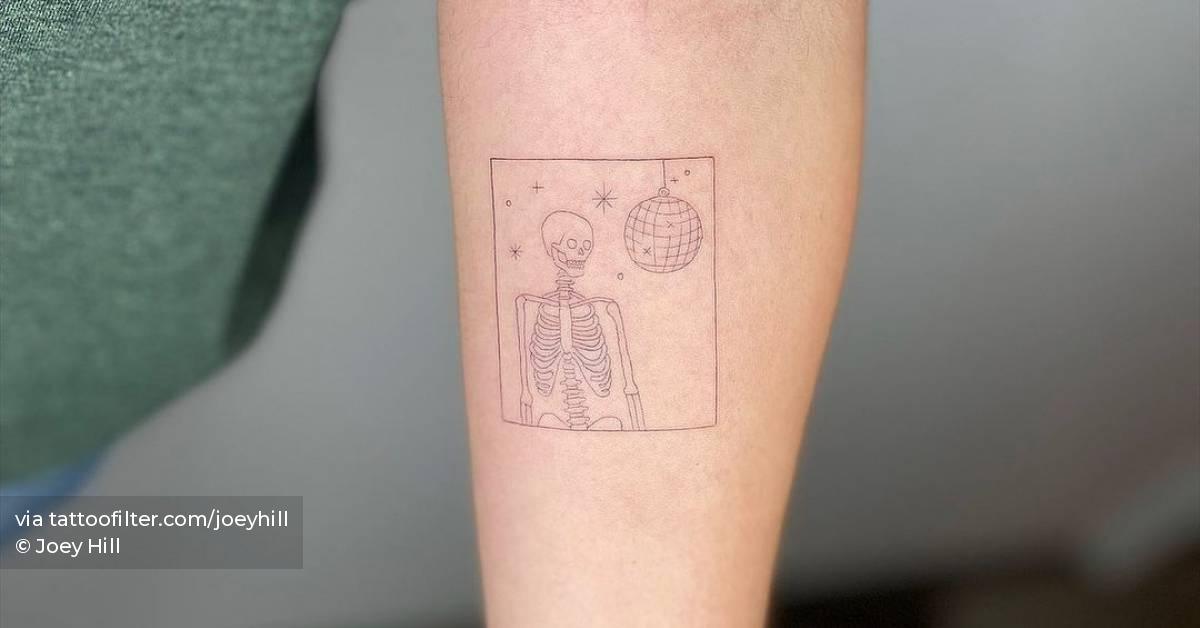 Fine line skeleton and disco ball tattoo on the inner