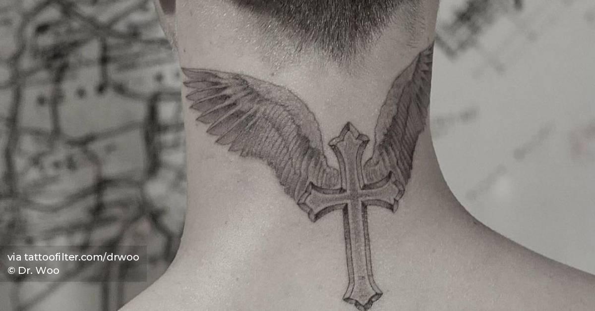 Winged cross tattoo on Romeo Beckham's back of the