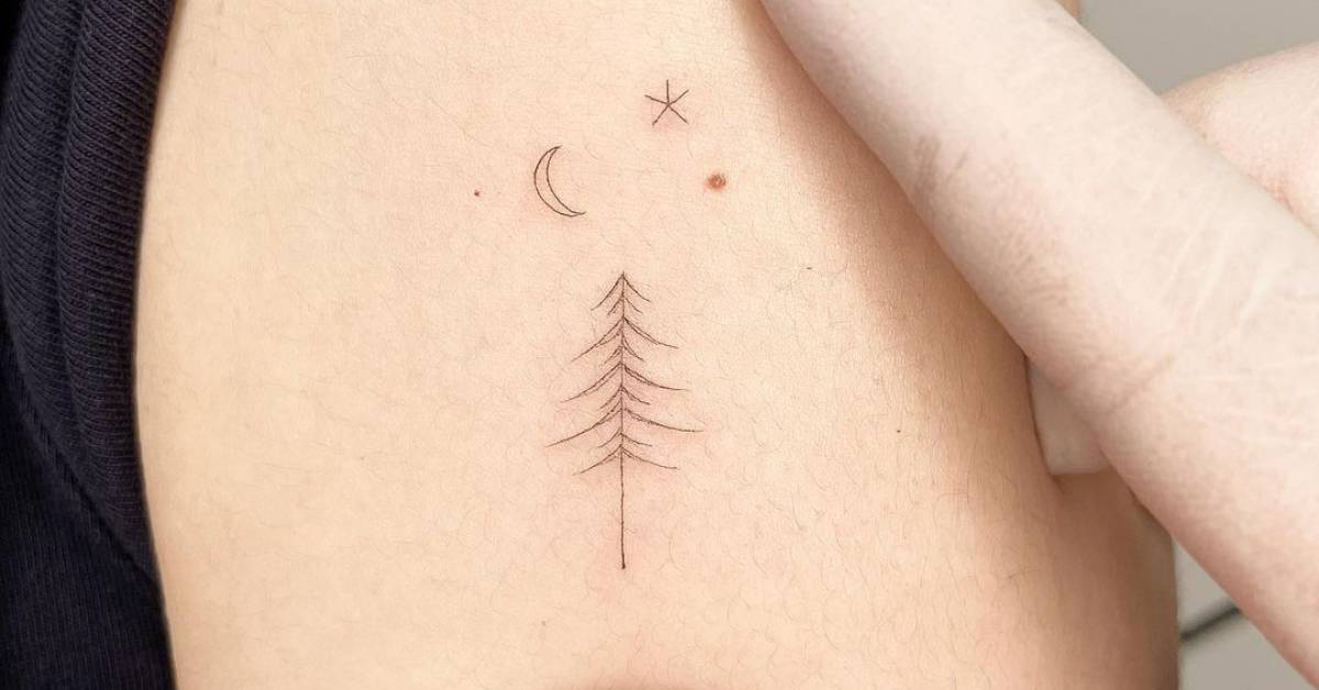Fine line pine tree tattoo located on the upper arm,