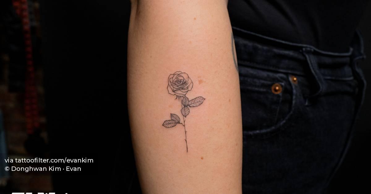 Tattoo of a rose done in fine line, located on the