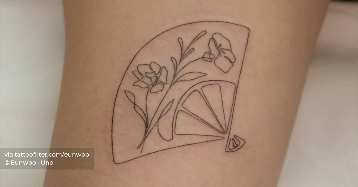 One line hand fan with flowers tattooed on the inner
