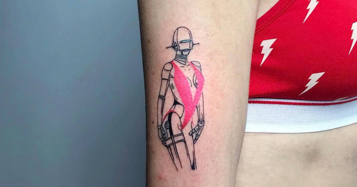 Humanoid robot tattoo done on the upper arm.