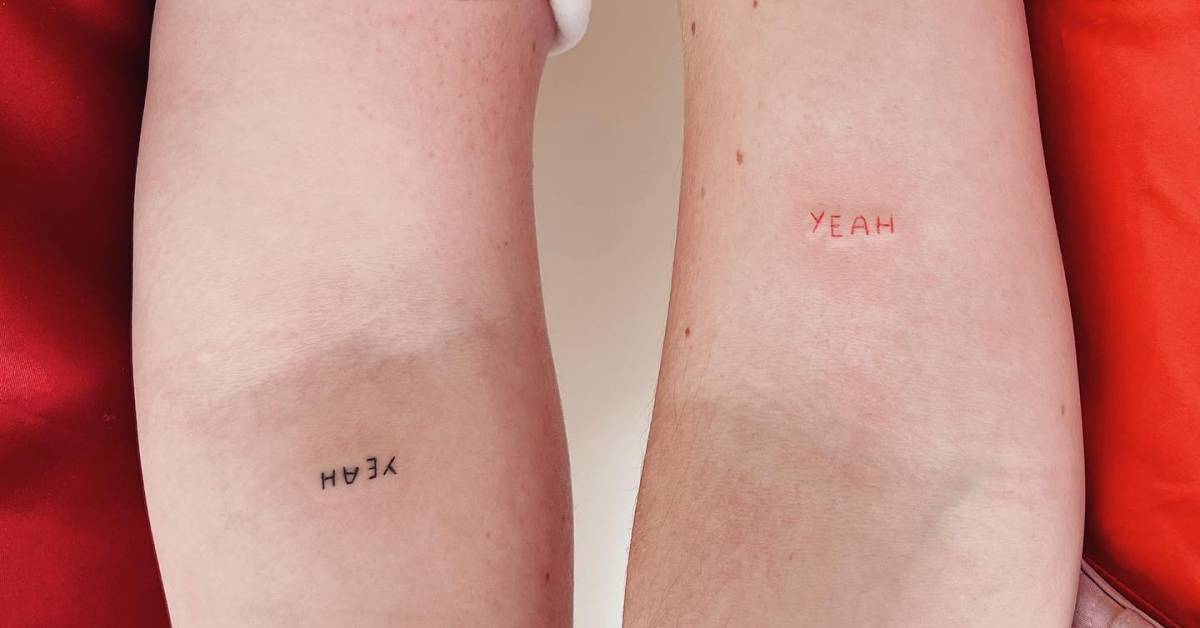 Matching hand poked tattoo of the word "yeah" for best