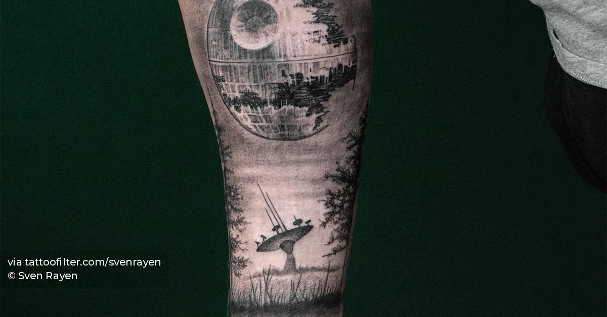 Death Star tattoo done on the inner forearm.