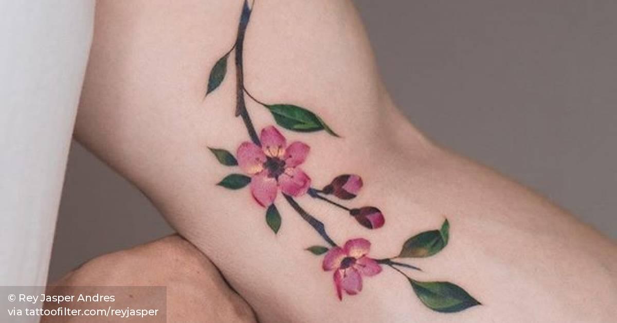 Watercolor Plum Blossom Branch Tattoo On The Left Arm