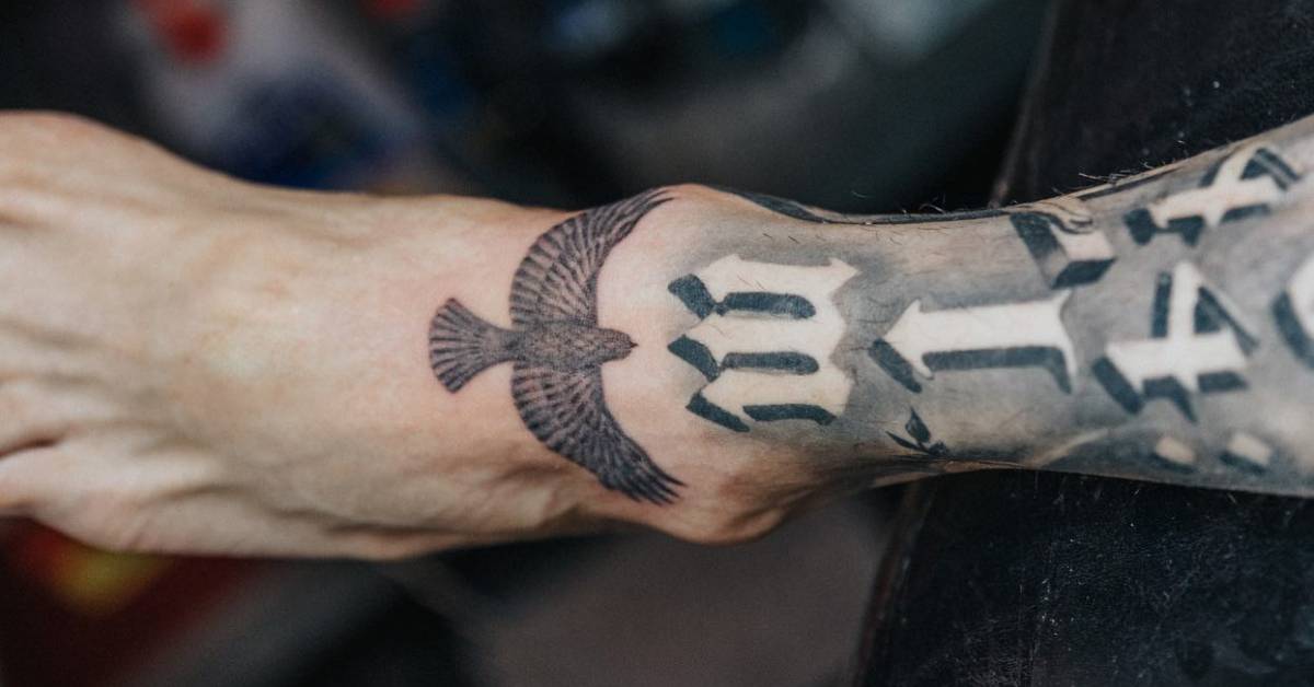 Micro-realistic hawk tattoo located on Travis Barker's