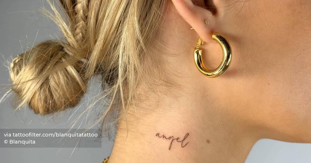 Word "angel" tattoo handwritten on the neck.