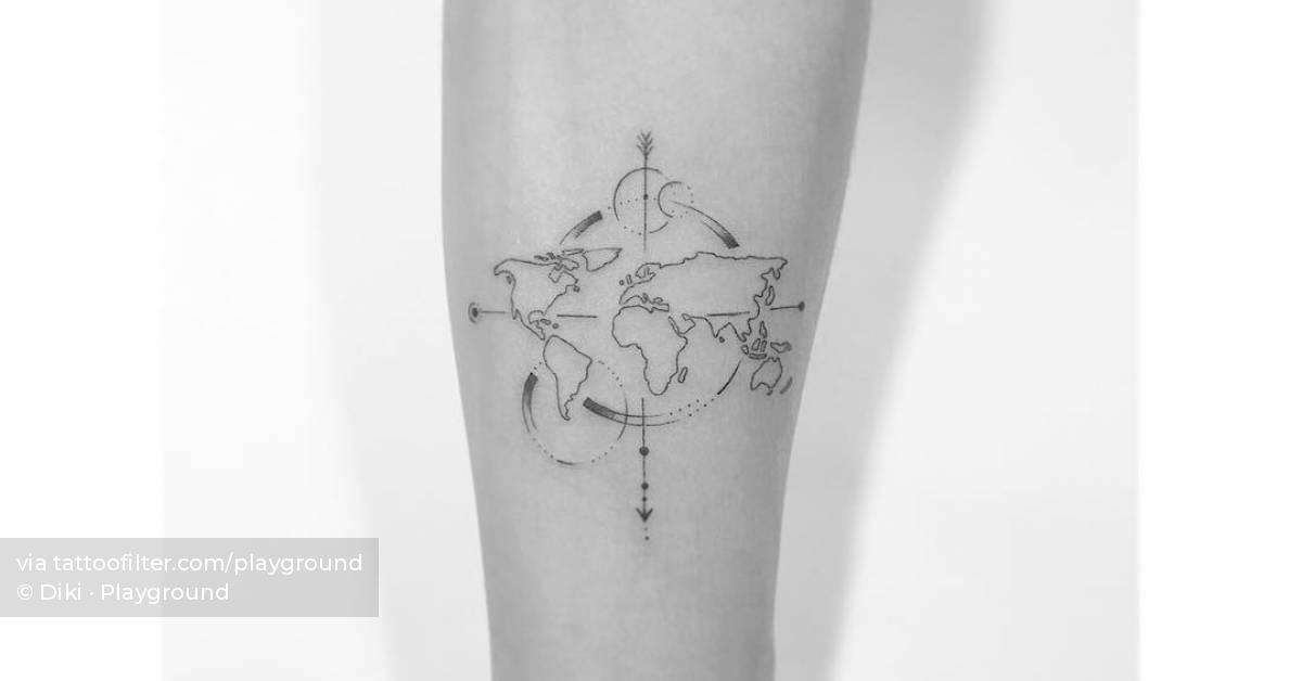 Fine line world map tattoo done on the inner forearm.