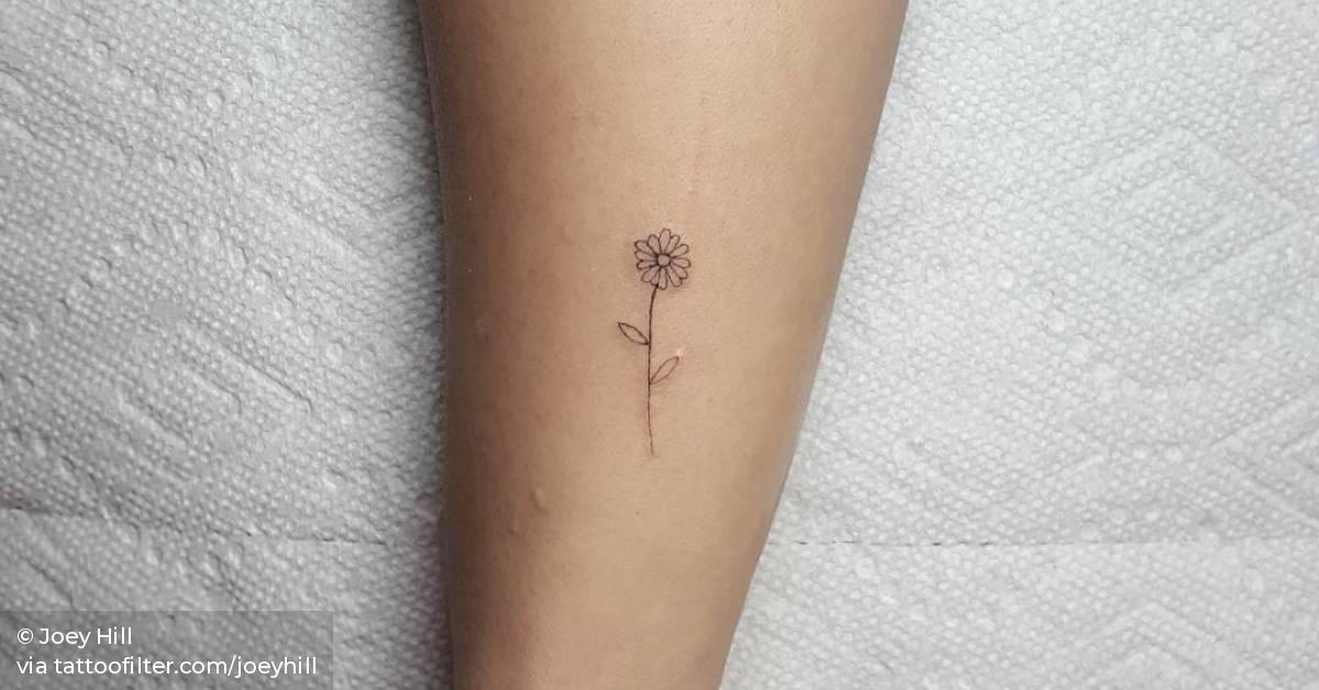 Fine line daisy tattoo on the forearm.