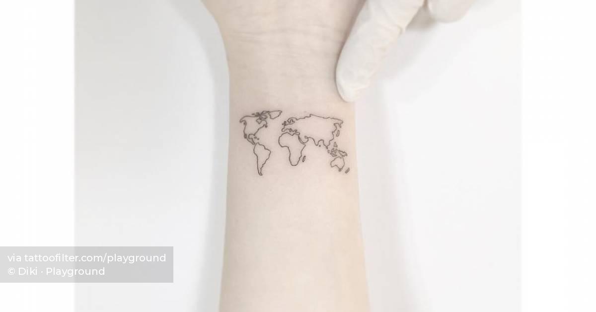 Fine line style world map tattooed on the wrist.