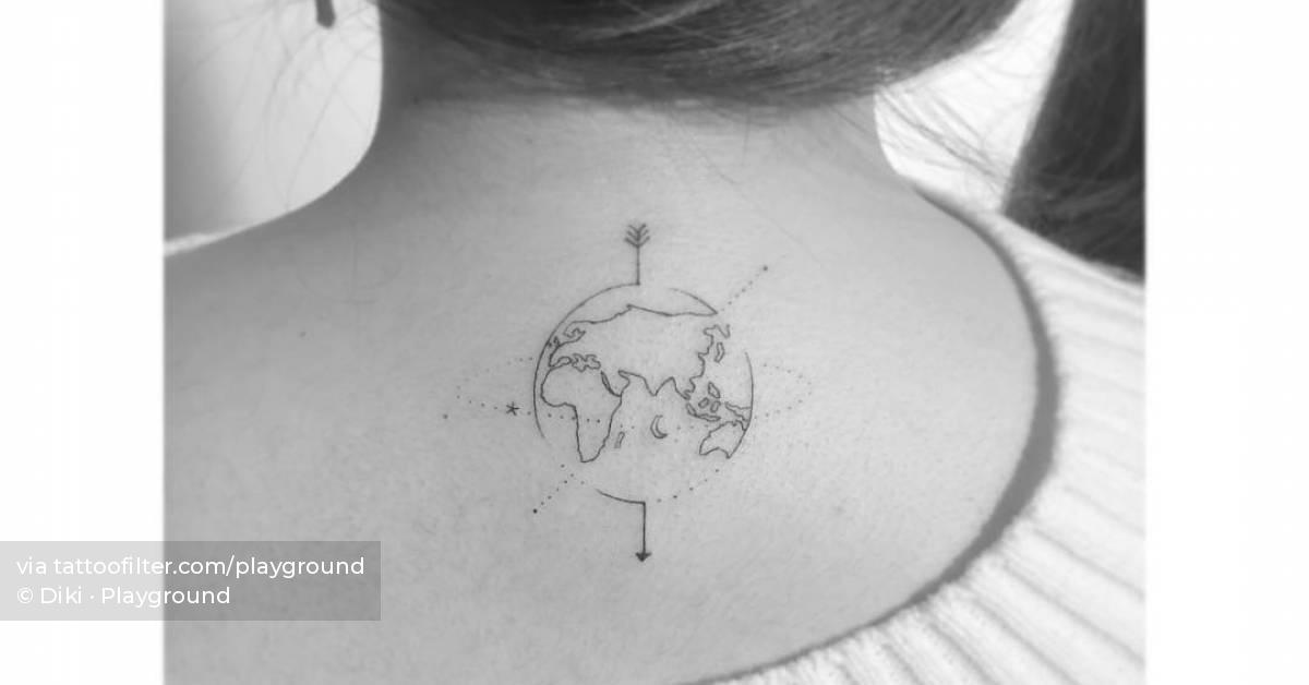 Fine line world map and arrow tattoo located on the