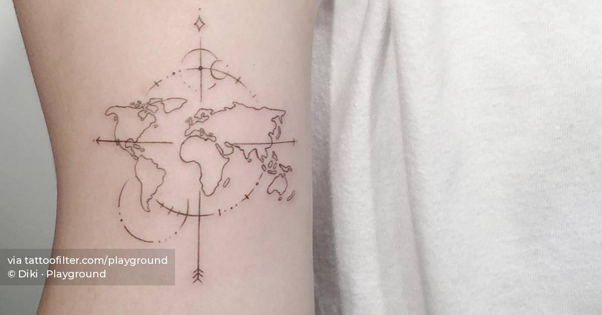 World map tattoo in fine line, located on the bicep.