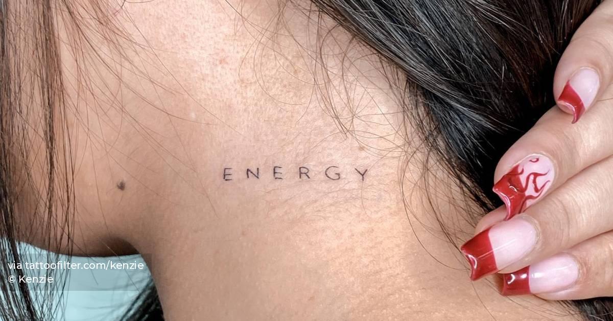Word "energy" tattoo handwritten on the neck.