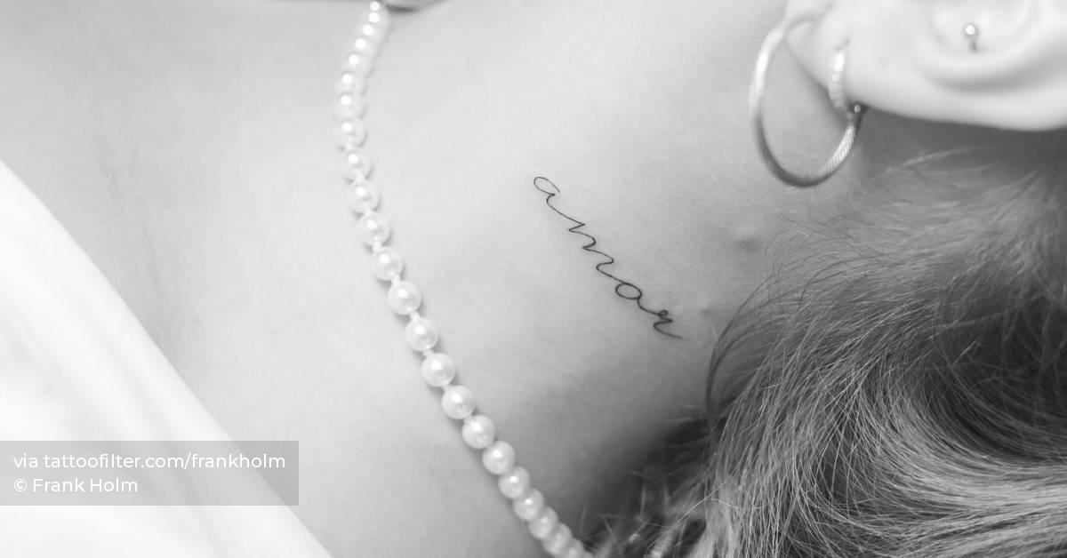 Tattoo of the word "amor" located on the neck.
