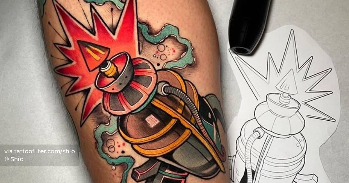 Laser gun tattooed on the calf, done in neotraditional