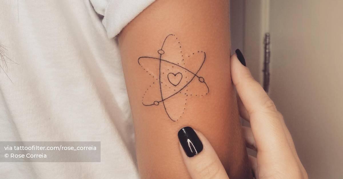 Fine line atom tattoo located on the