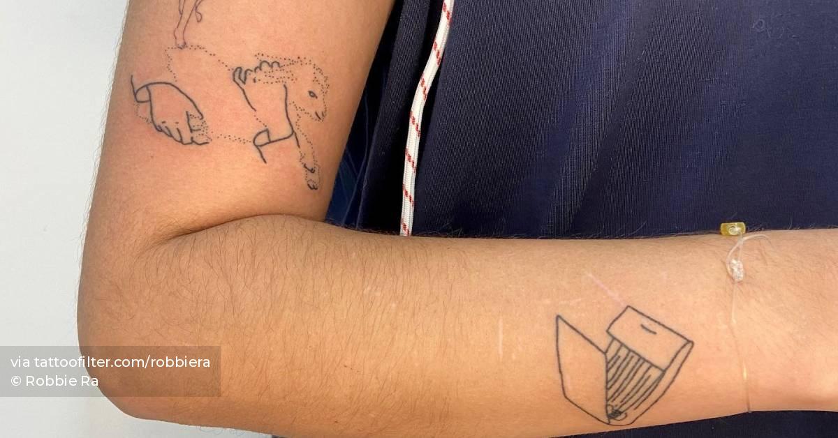 Hand poked lamb and matchbook tattoos located on the