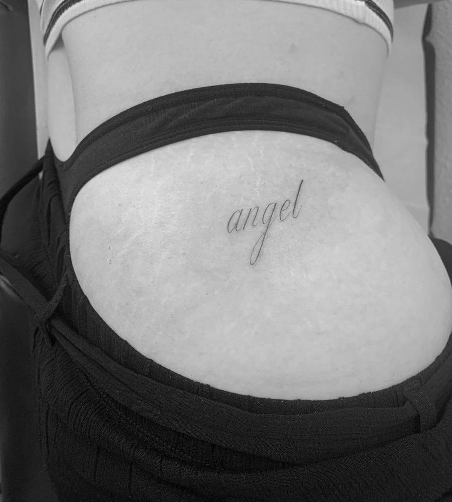  Angel Lettering Tattoo Oin The Hip 