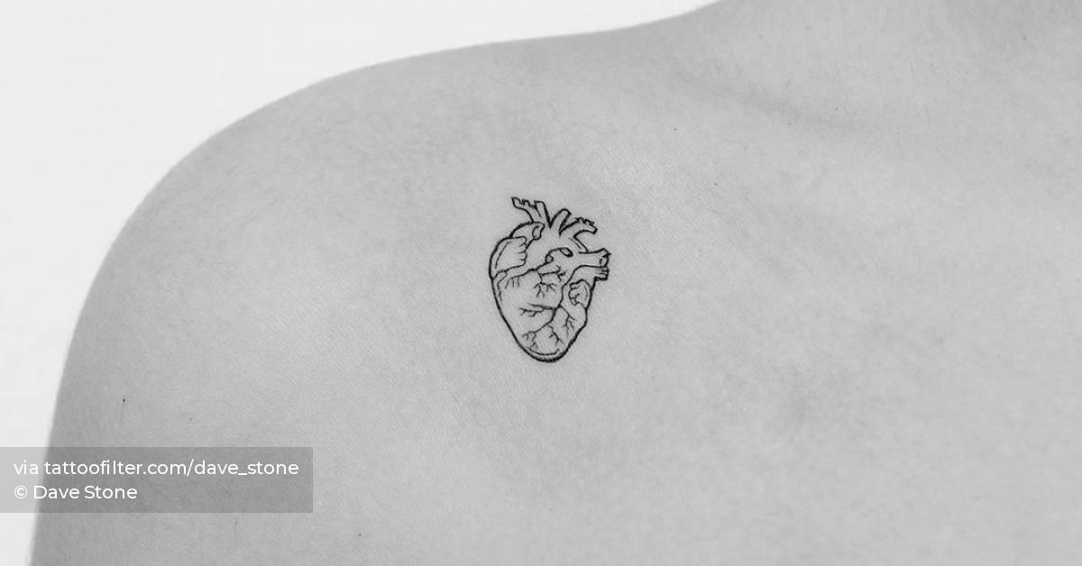 Fine line anatomical heart tattoo on the shoulder.