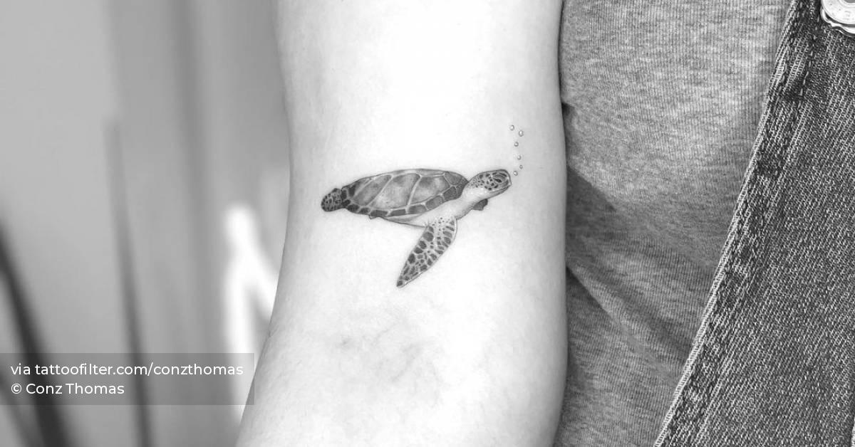 Micro-realistic turtle tattoo on the bicep.