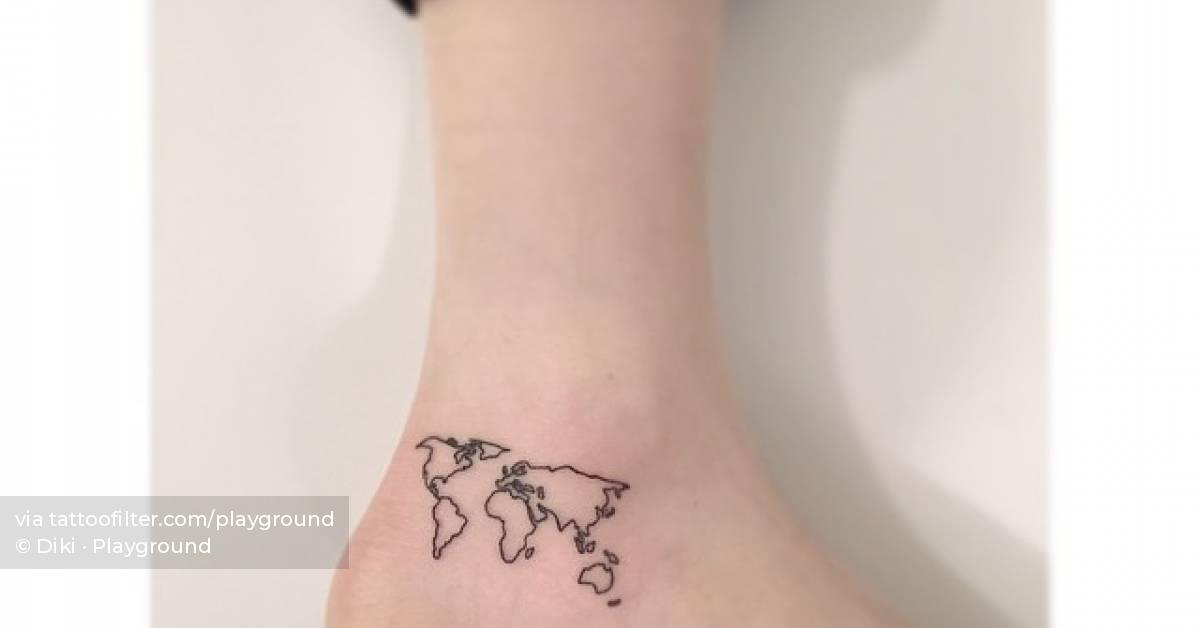 World map tattoo located on the ankle, fine line style.