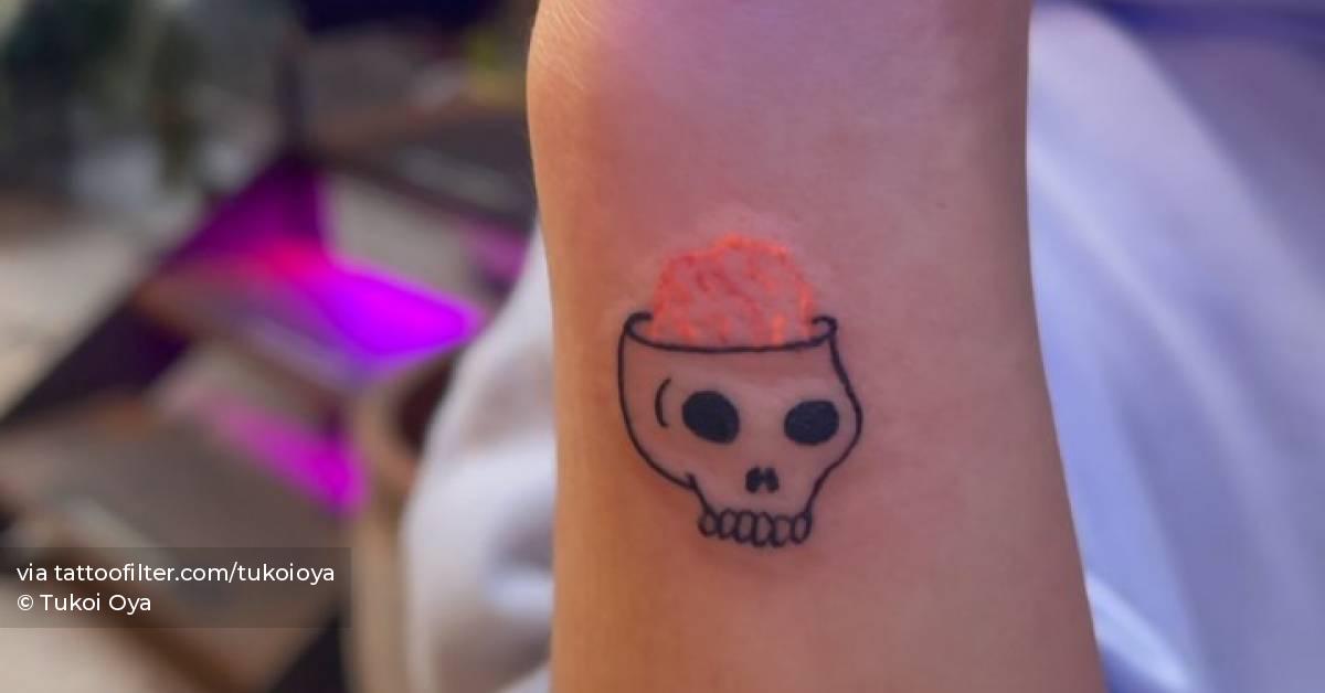 Minimalist skull and brain tattoo on the wrist.