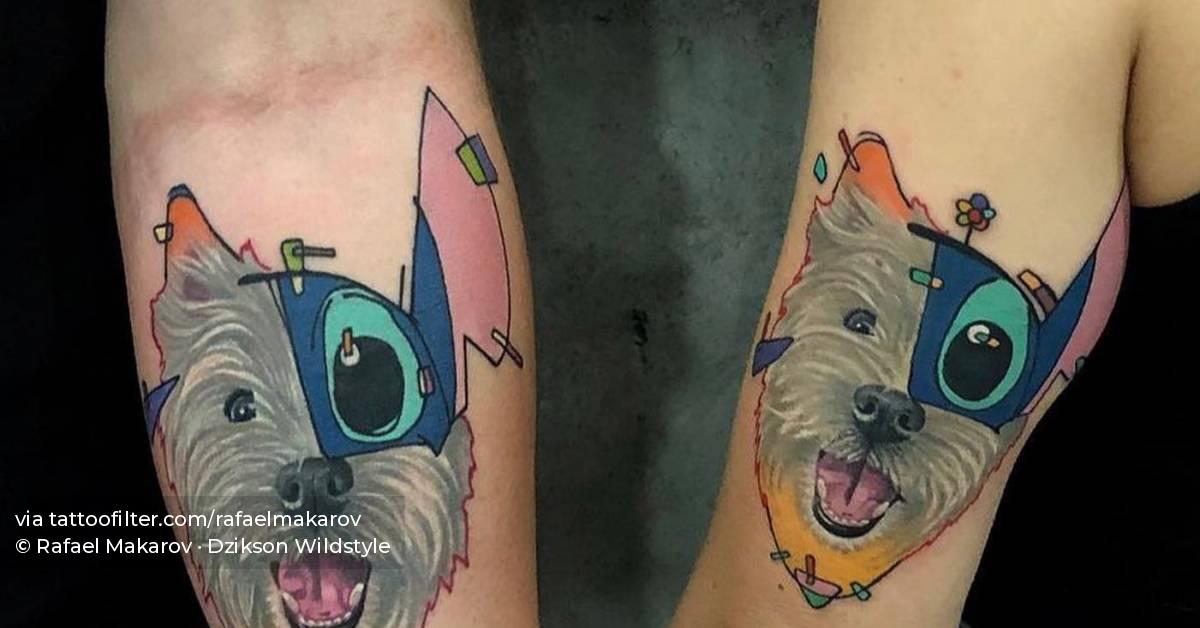 Matching dog/Stitch portrait tattoo for couple.