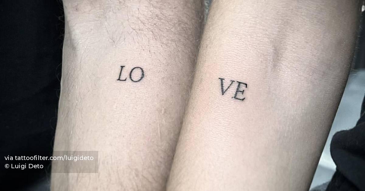Matching tattoo of the word "love" for couple.