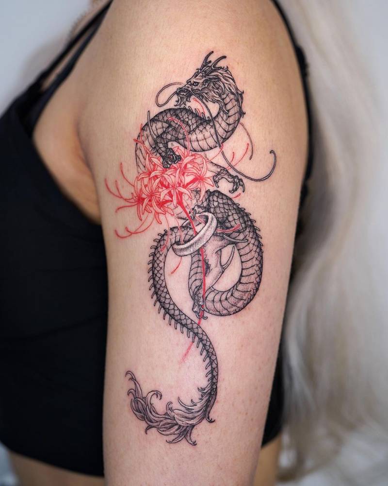 Dragon And Red Spider Lily Tattoo Done On The Upper