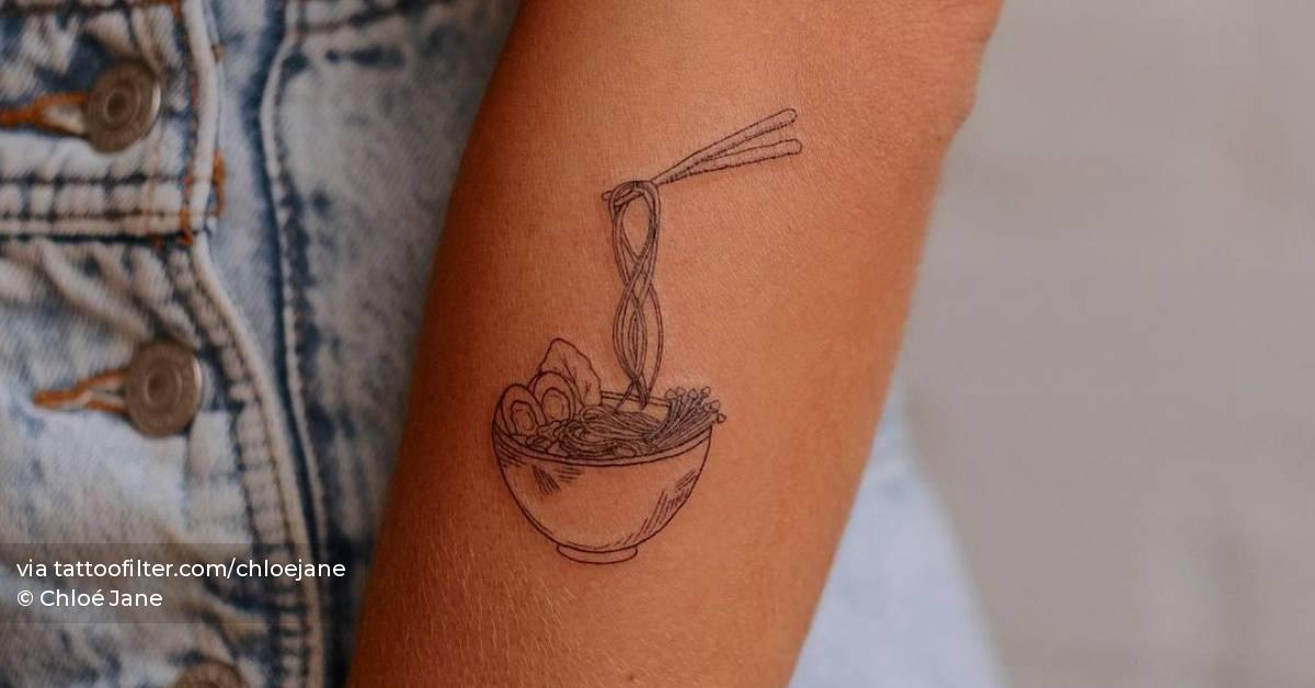 Fine line ramen tattoo located on the forearm.