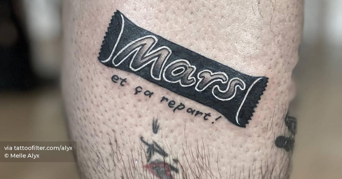 Mars bar tattoo located on the shin, illustrative
