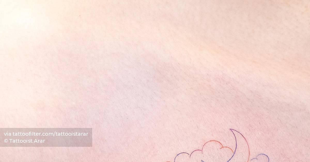 Fine line style airplane, cloud and moon tattoo located