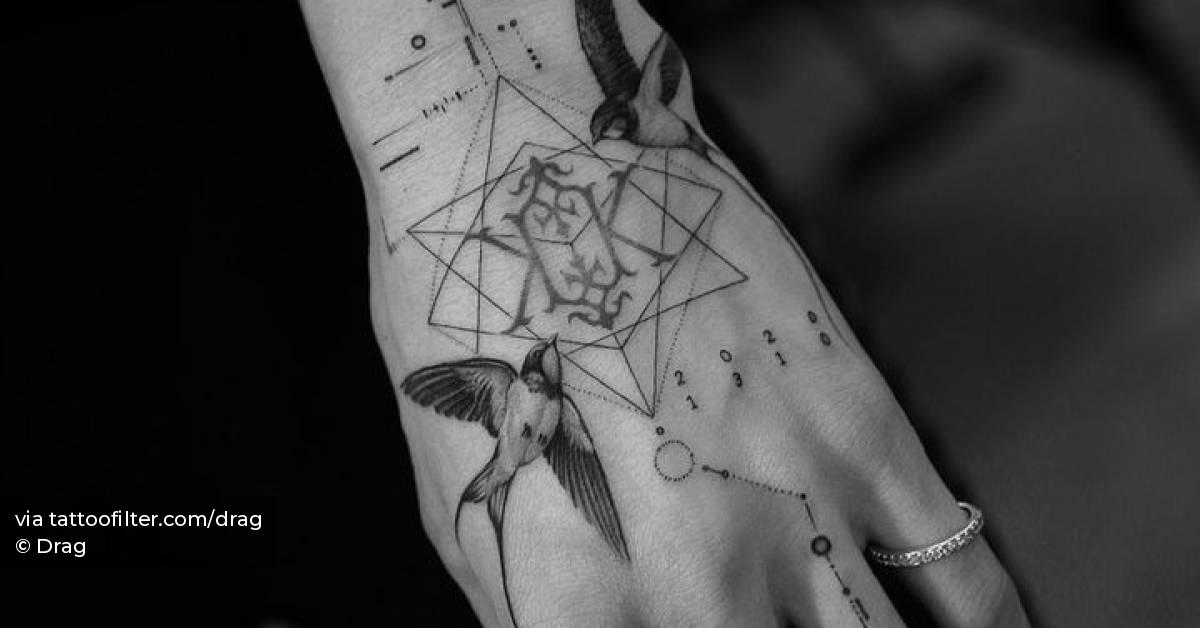 Swallows tattooed on the hand, single needle style.