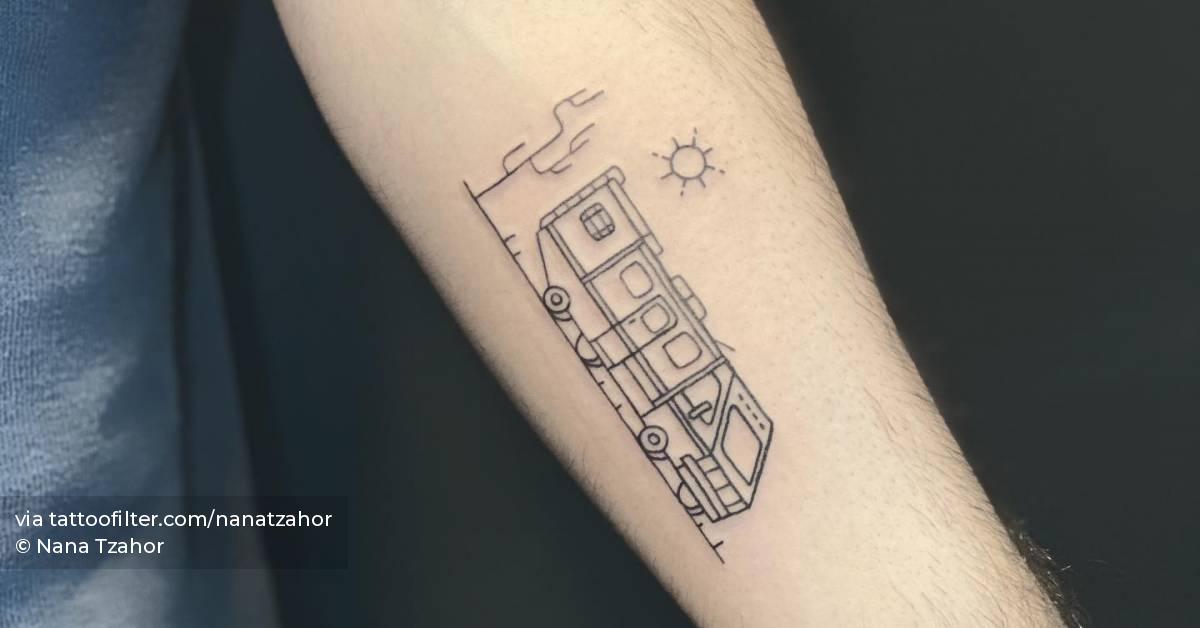 Trailer tattoo located on the inner forearm, fine line
