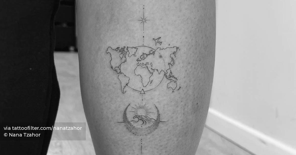 Fine line style world map tattoo located on the calf.