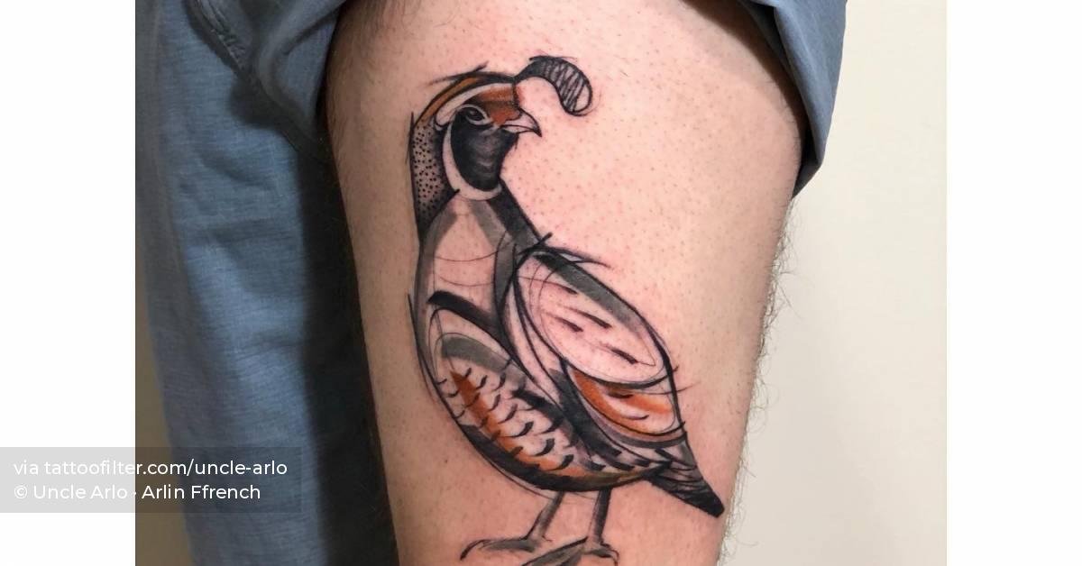 Sketch work quail tattoo located on the thigh.