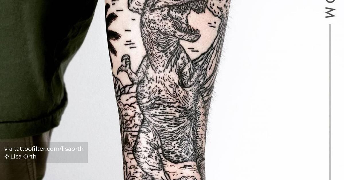 T-Rex tattoo located on the inner forearm, engraving